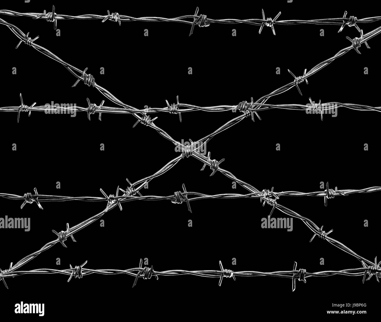 4 horizontal lines and 2 crossed of new and clean barbed wire isolated ...