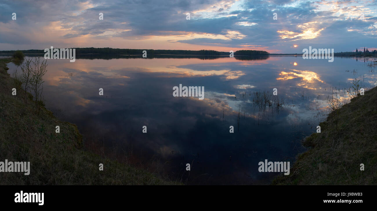 Panoramic image. Upper Volga lakes in the evening near Shirkovo village ...