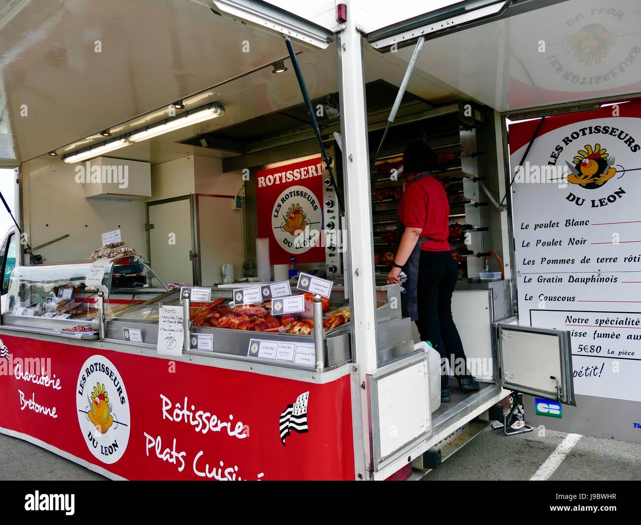 Rôtisserie cart, Wednesday Roscoff Market, Roscoff, Brittany, France ...