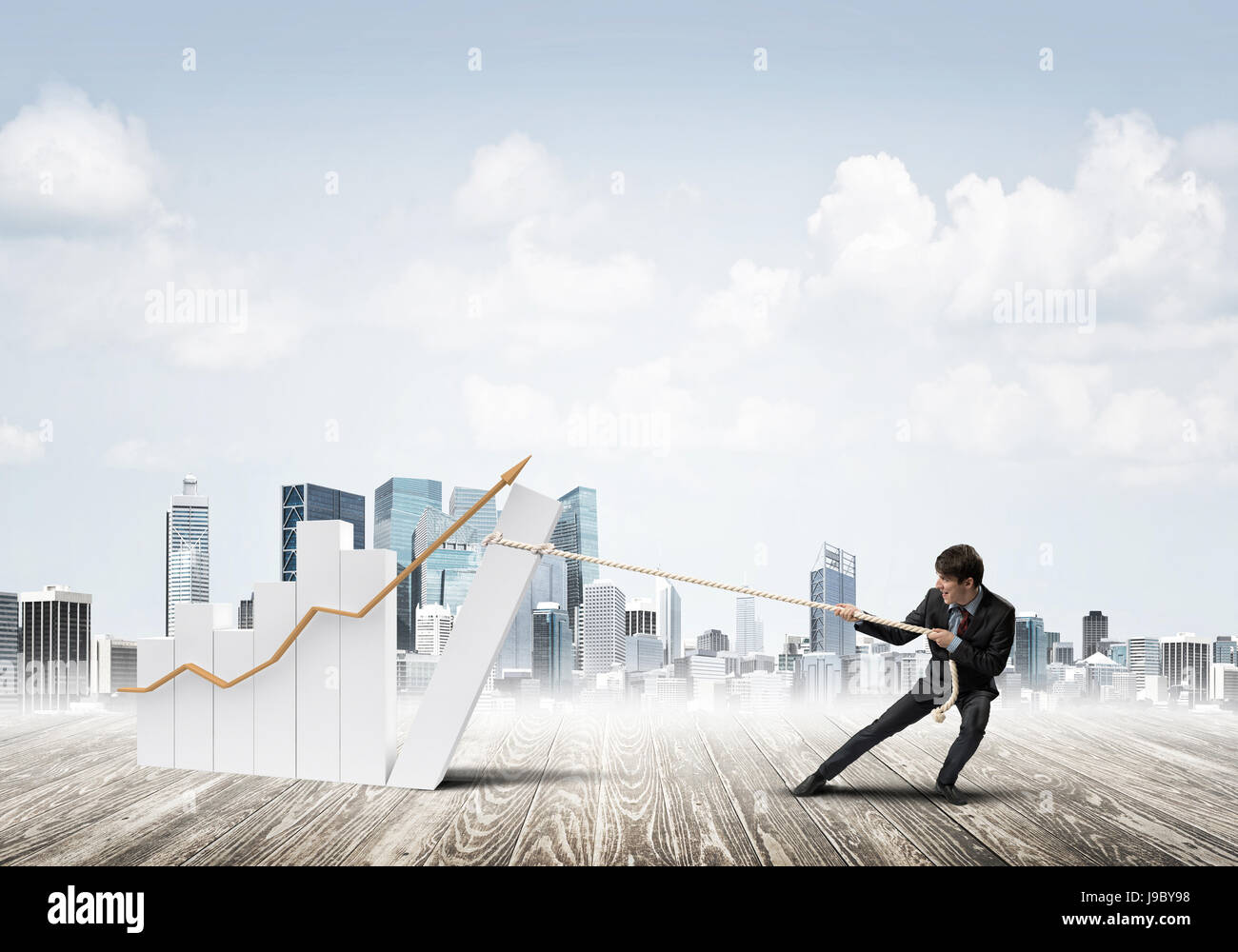 Man pulling with effort big pulling rope graph, as a symbol of ...