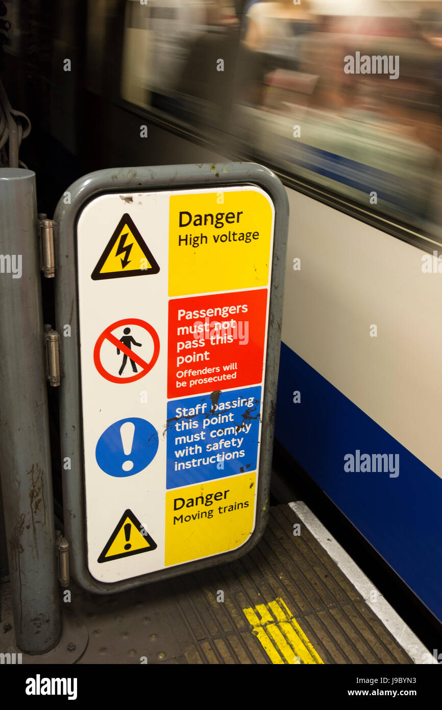 A Danger High Voltage warning sign at Piccadilly Circus station, London ...