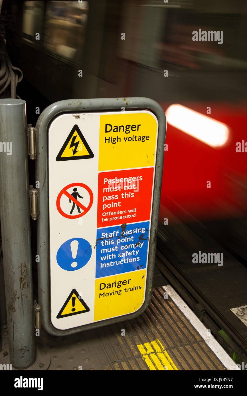 A Danger High Voltage warning sign at Piccadilly Circus station, London ...