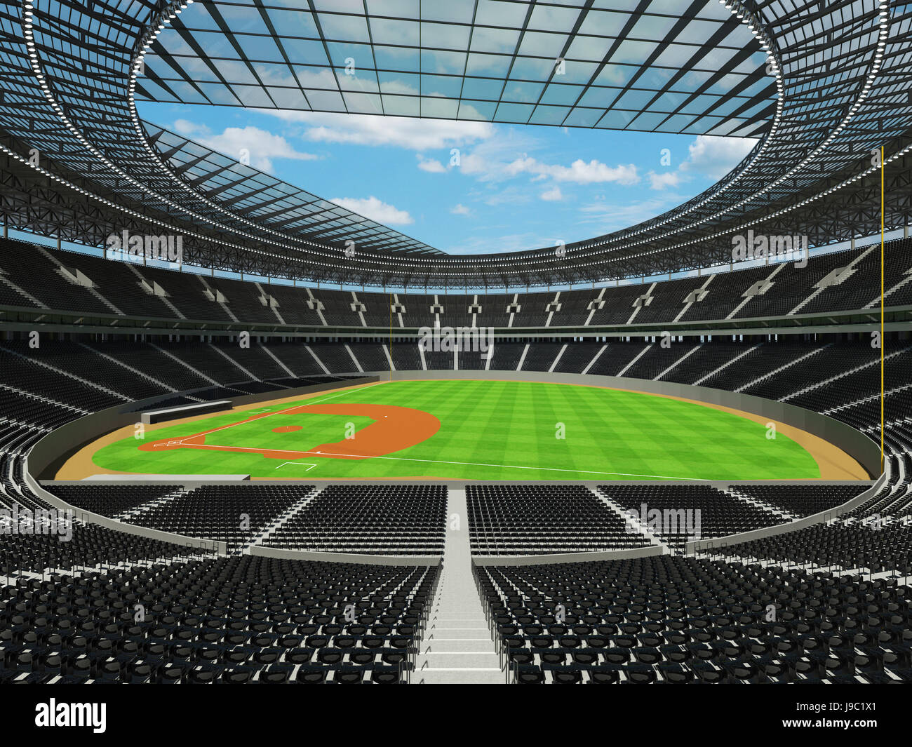 3D render of baseball stadium with black seats, VIP boxes and ...
