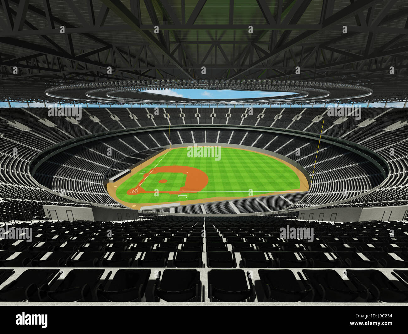3D render of baseball stadium with black seats, VIP boxes and ...