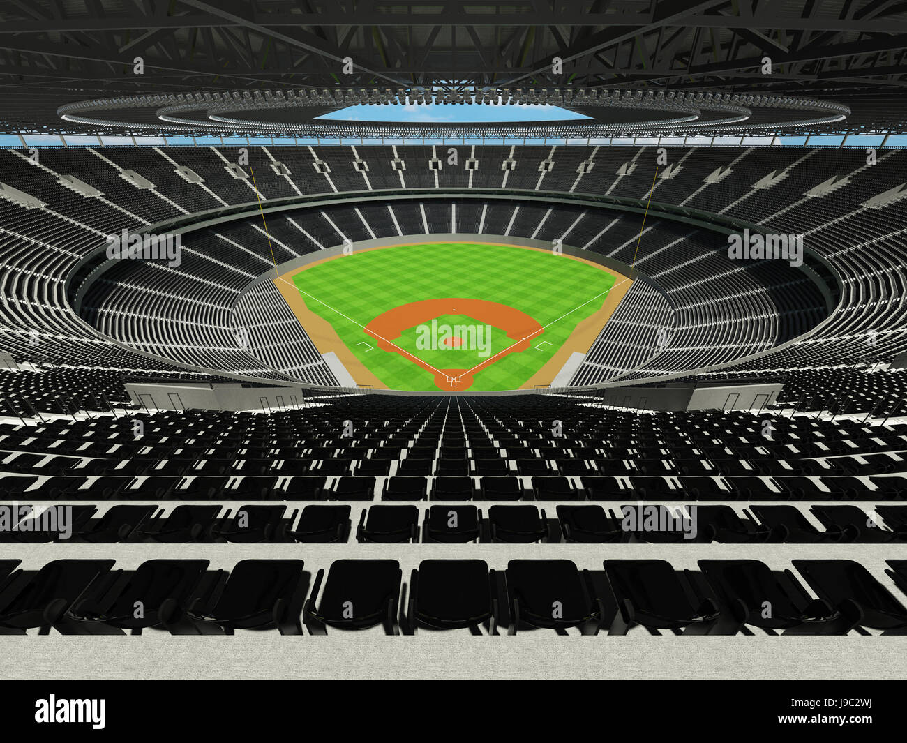 3D render of baseball stadium with black seats, VIP boxes and ...