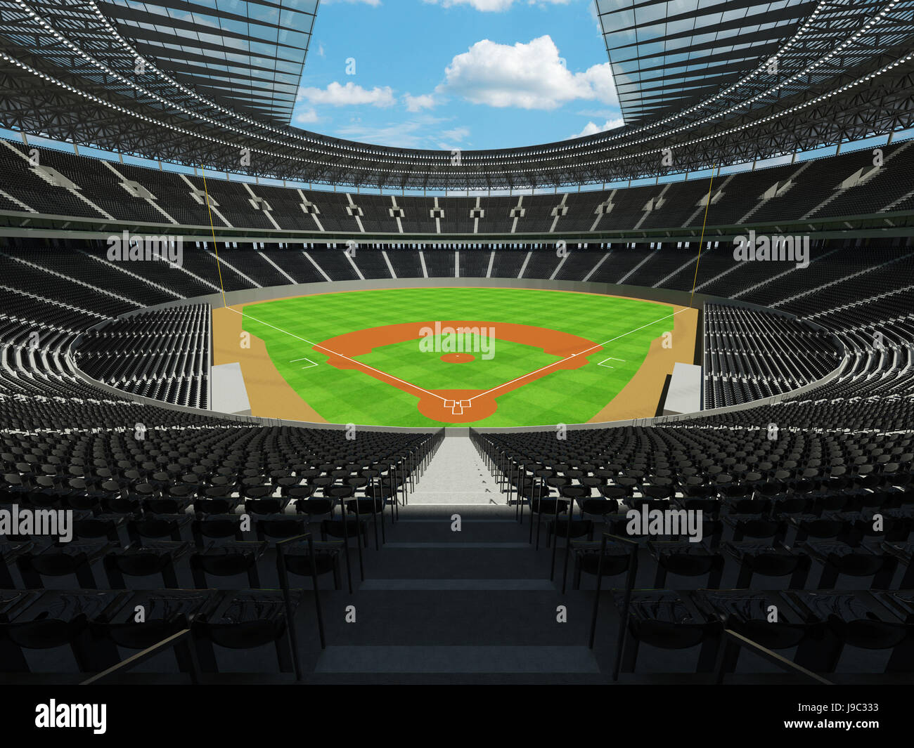 3D render of baseball stadium with black seats, VIP boxes and ...