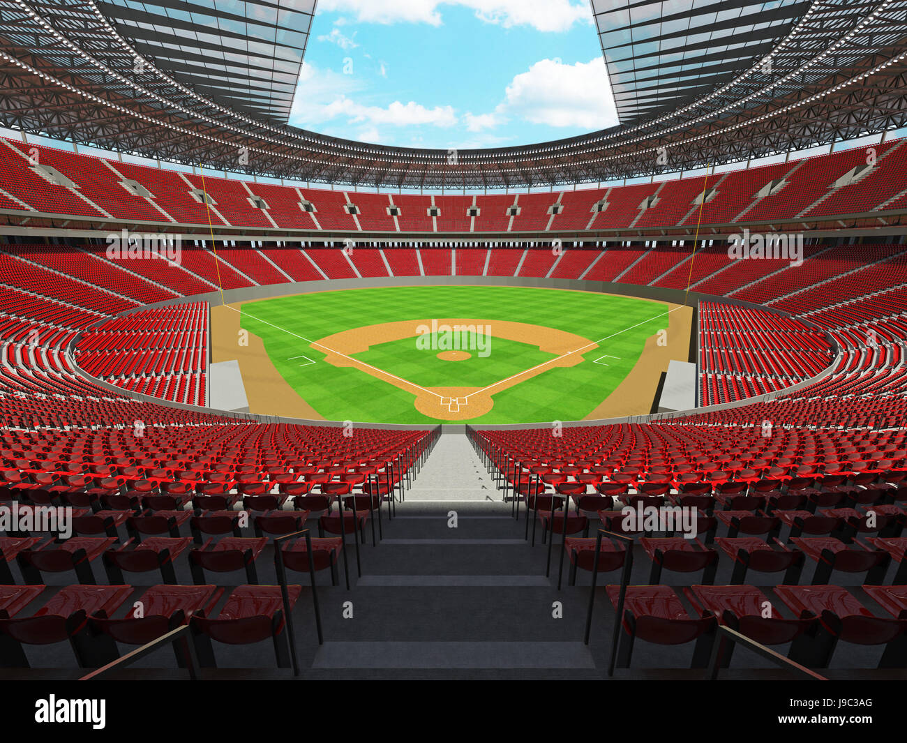 3D render of baseball stadium with red seats, VIP boxes and floodlights ...
