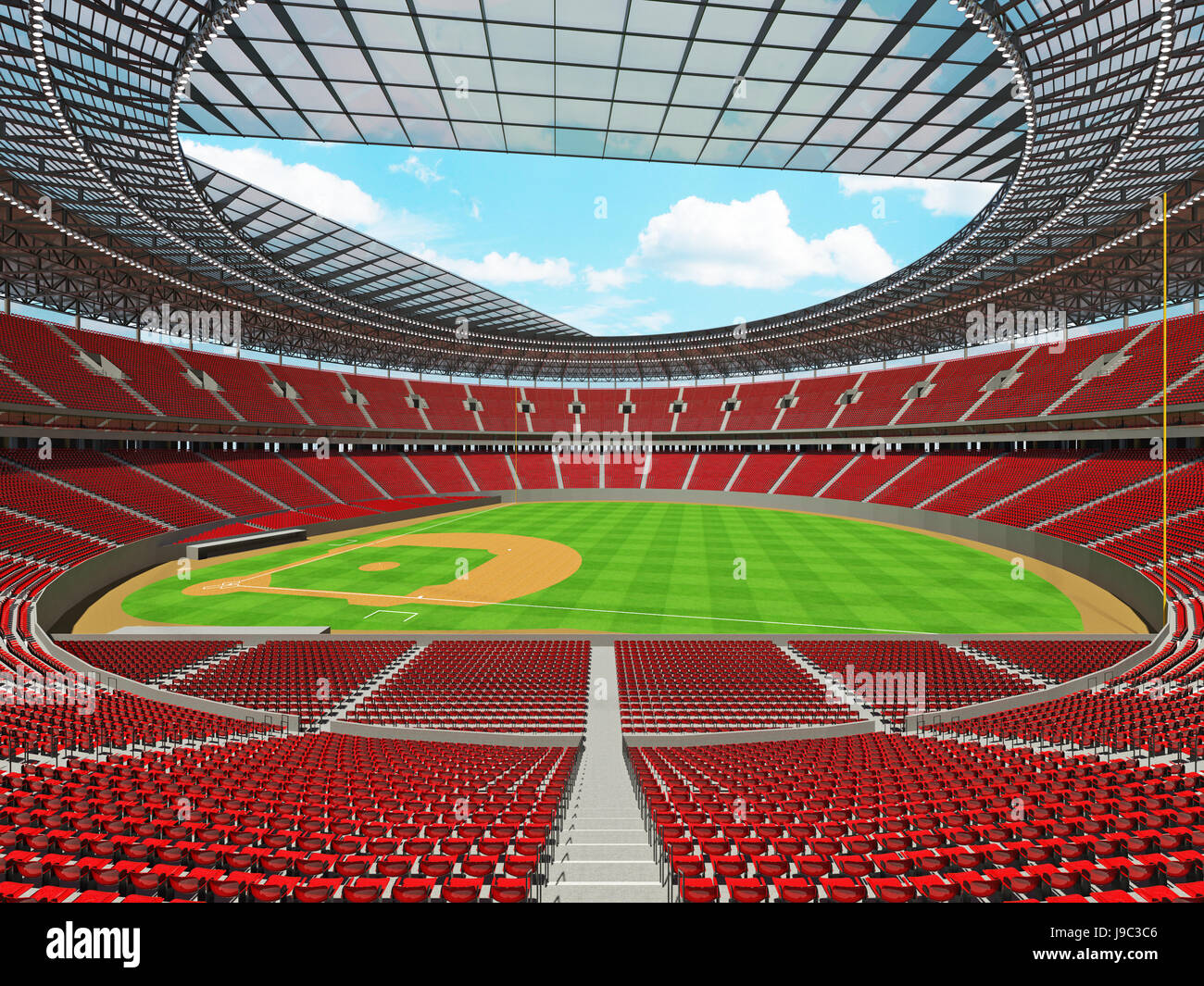 3D render of baseball stadium with red seats, VIP boxes and floodlights ...