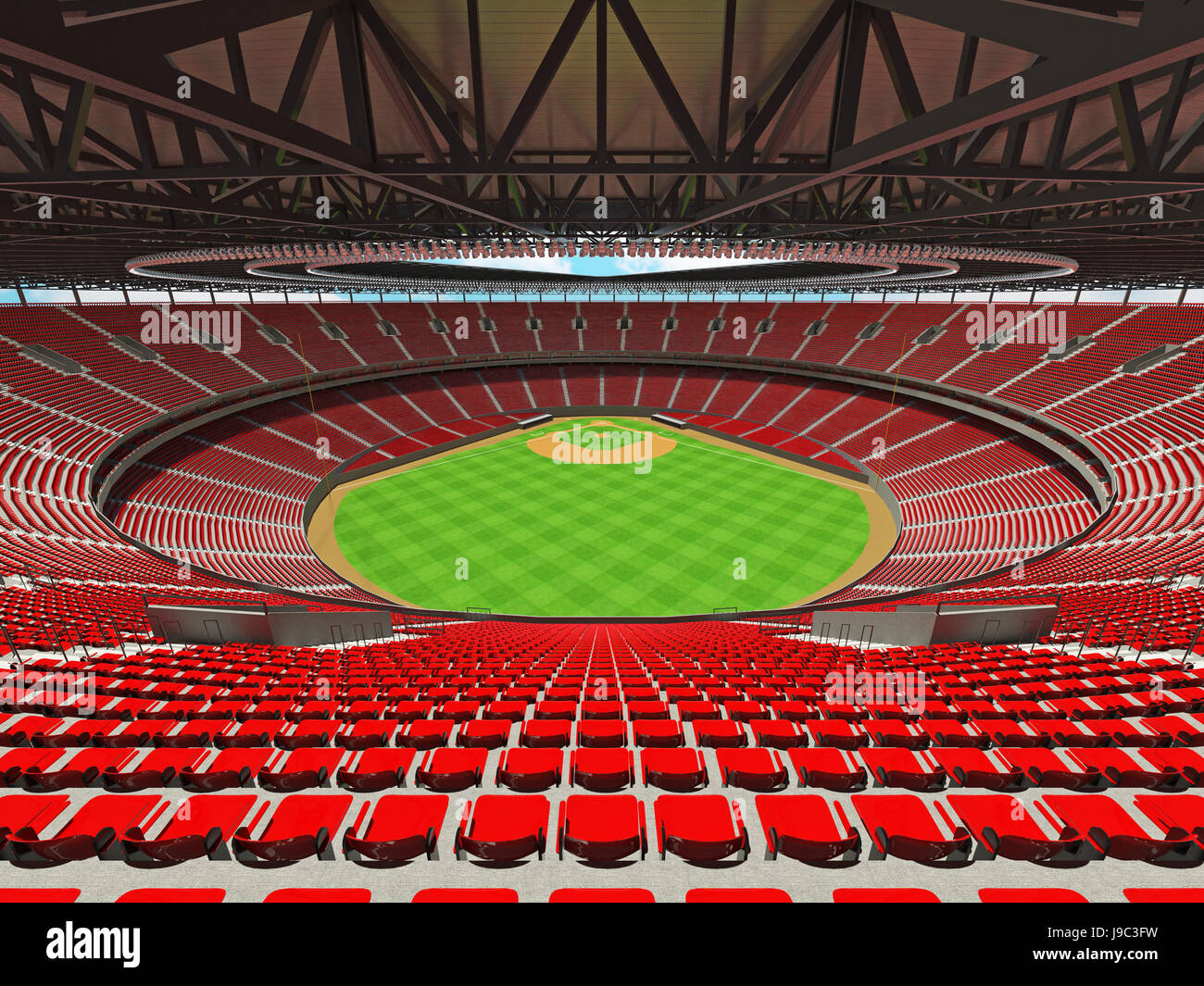 3D render of baseball stadium with red seats, VIP boxes and floodlights ...