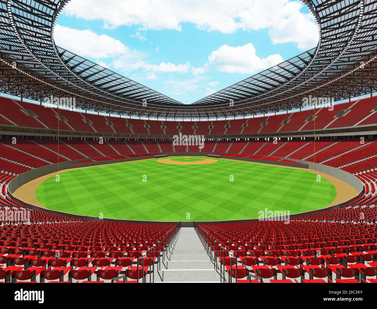 3D render of baseball stadium with red seats, VIP boxes and floodlights ...