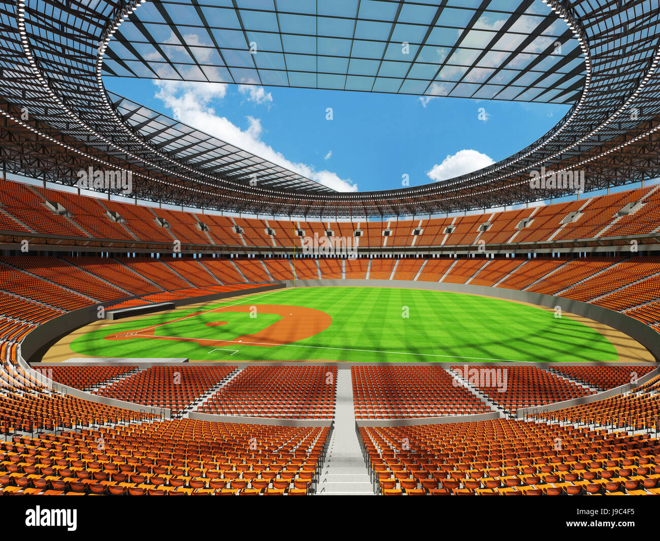 3D render of baseball stadium with orange seats, VIP boxes and ...