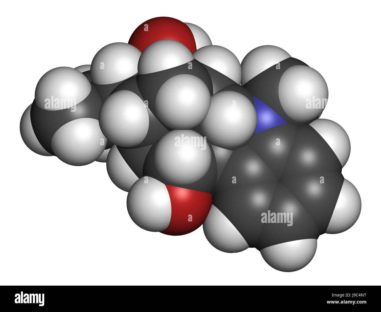 Ajmaline antiarrhytmic agent molecule. 3D rendering. Atoms are ...