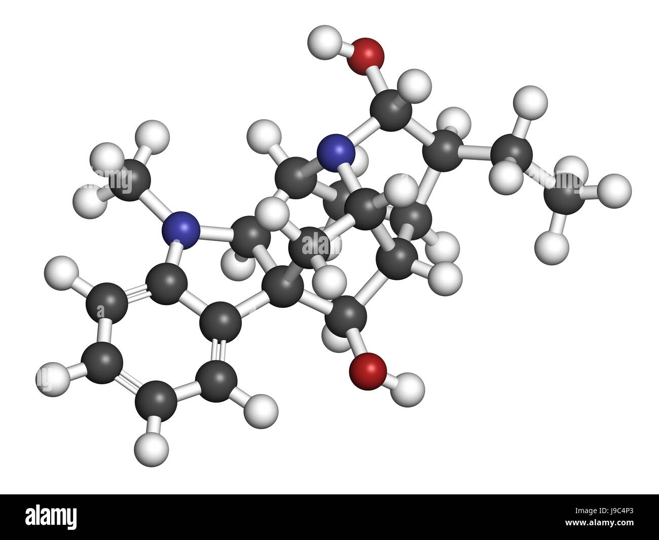 Ajmaline antiarrhytmic agent molecule. 3D rendering. Atoms are ...