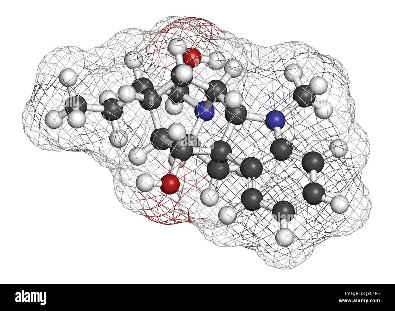 Ajmaline antiarrhytmic agent molecule. 3D rendering. Atoms are ...