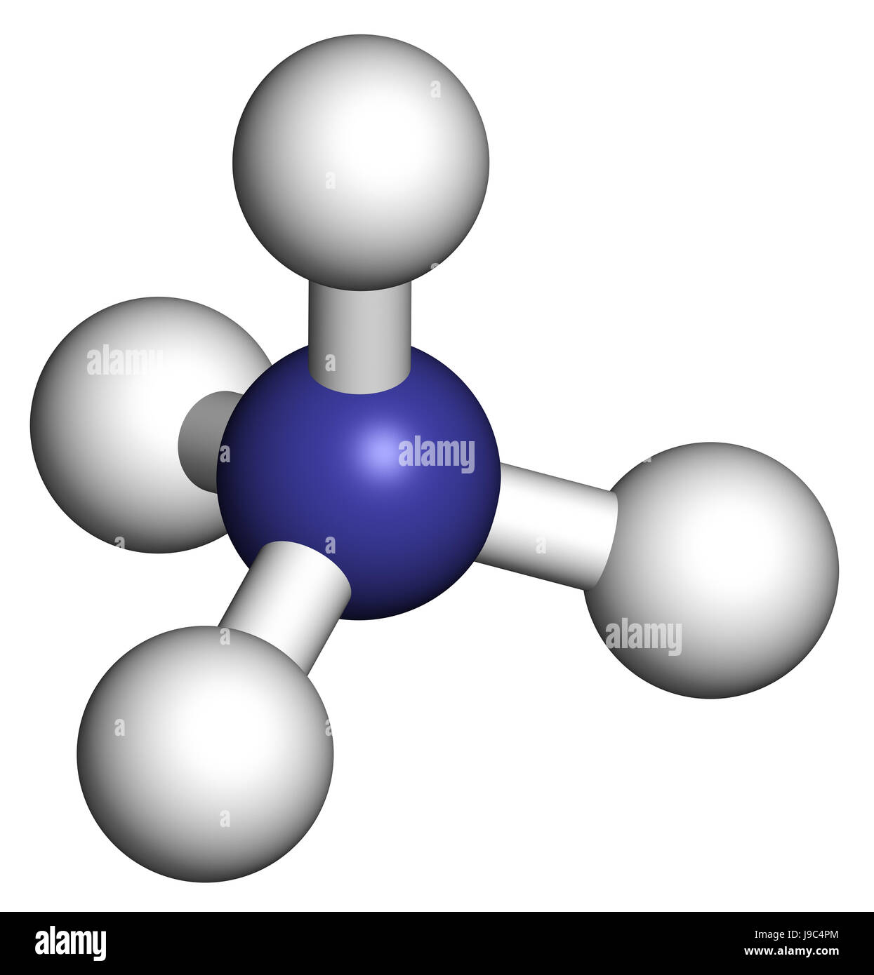 Ammonium cation. Protonated form of ammonia. 3D rendering. Atoms are ...