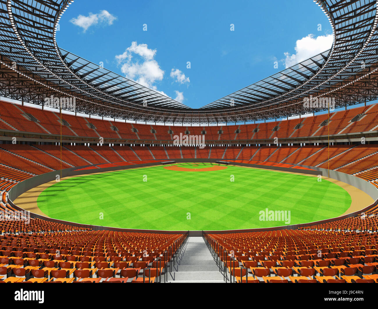 3D render of baseball stadium with orange seats, VIP boxes and ...