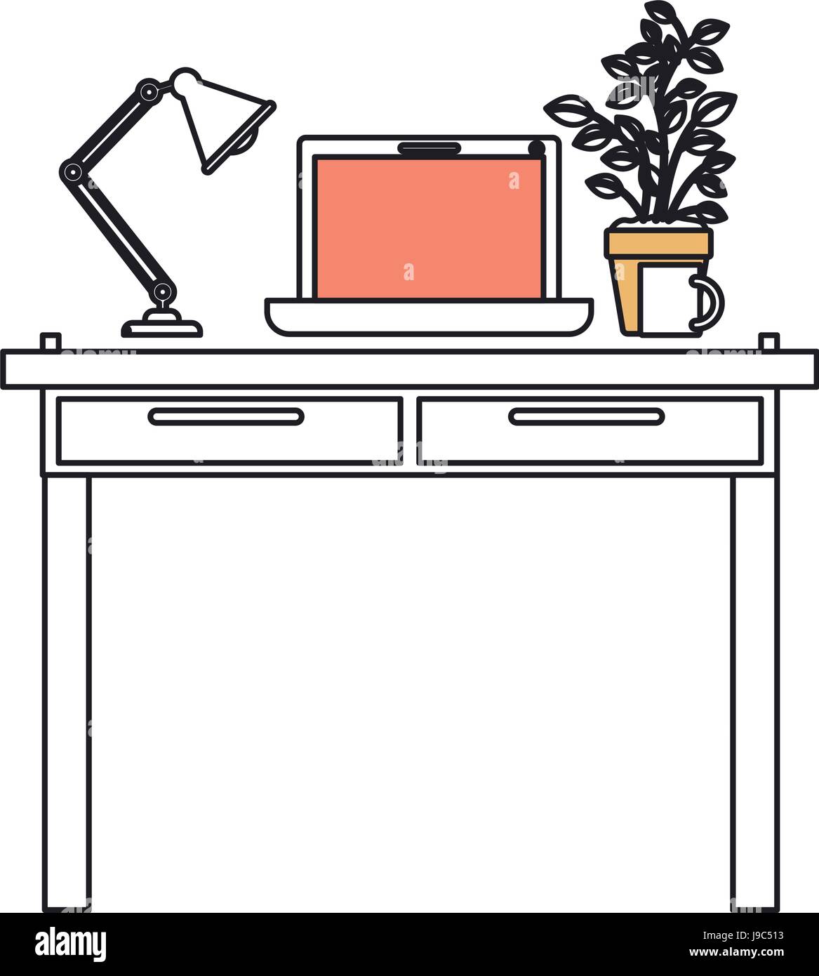 silhouette color sections of work place office interior with laptop ...