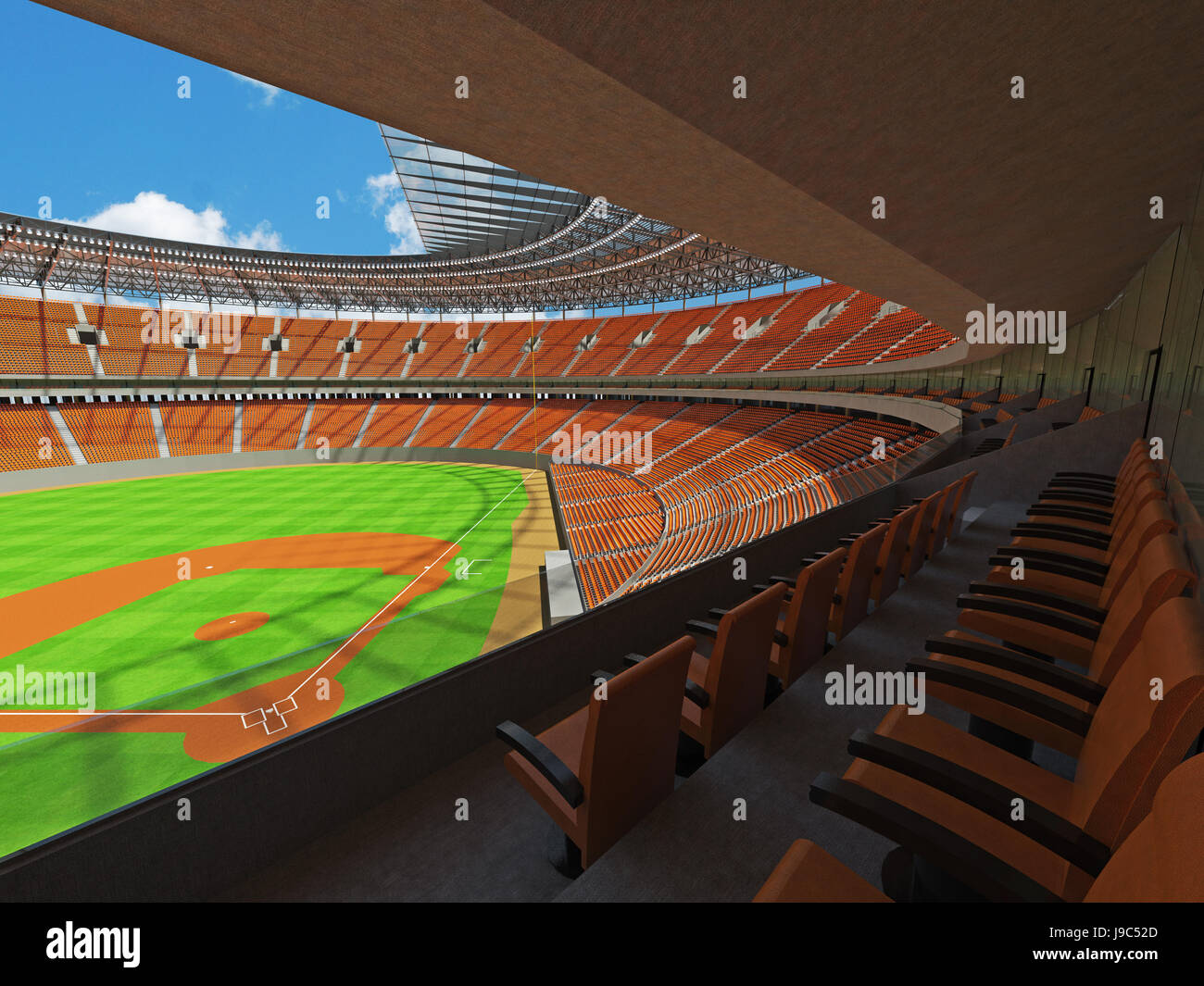3D render of baseball stadium with orange seats, VIP boxes and ...