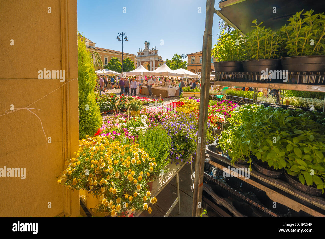 Flower market in medieval village in Italy Stock Photo - Alamy