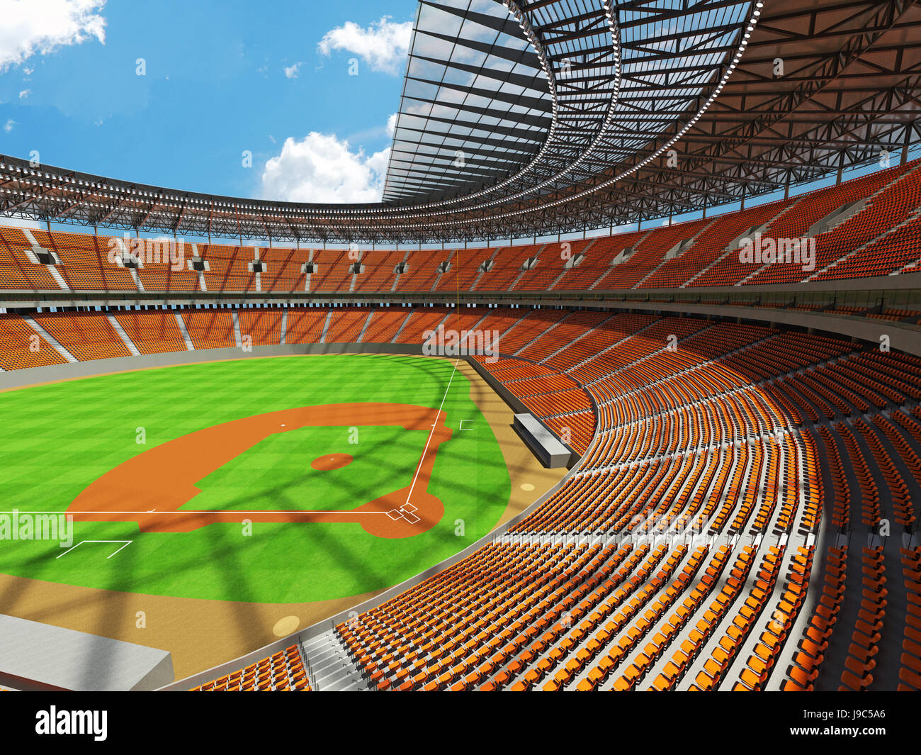 3D render of baseball stadium with orange seats, VIP boxes and ...