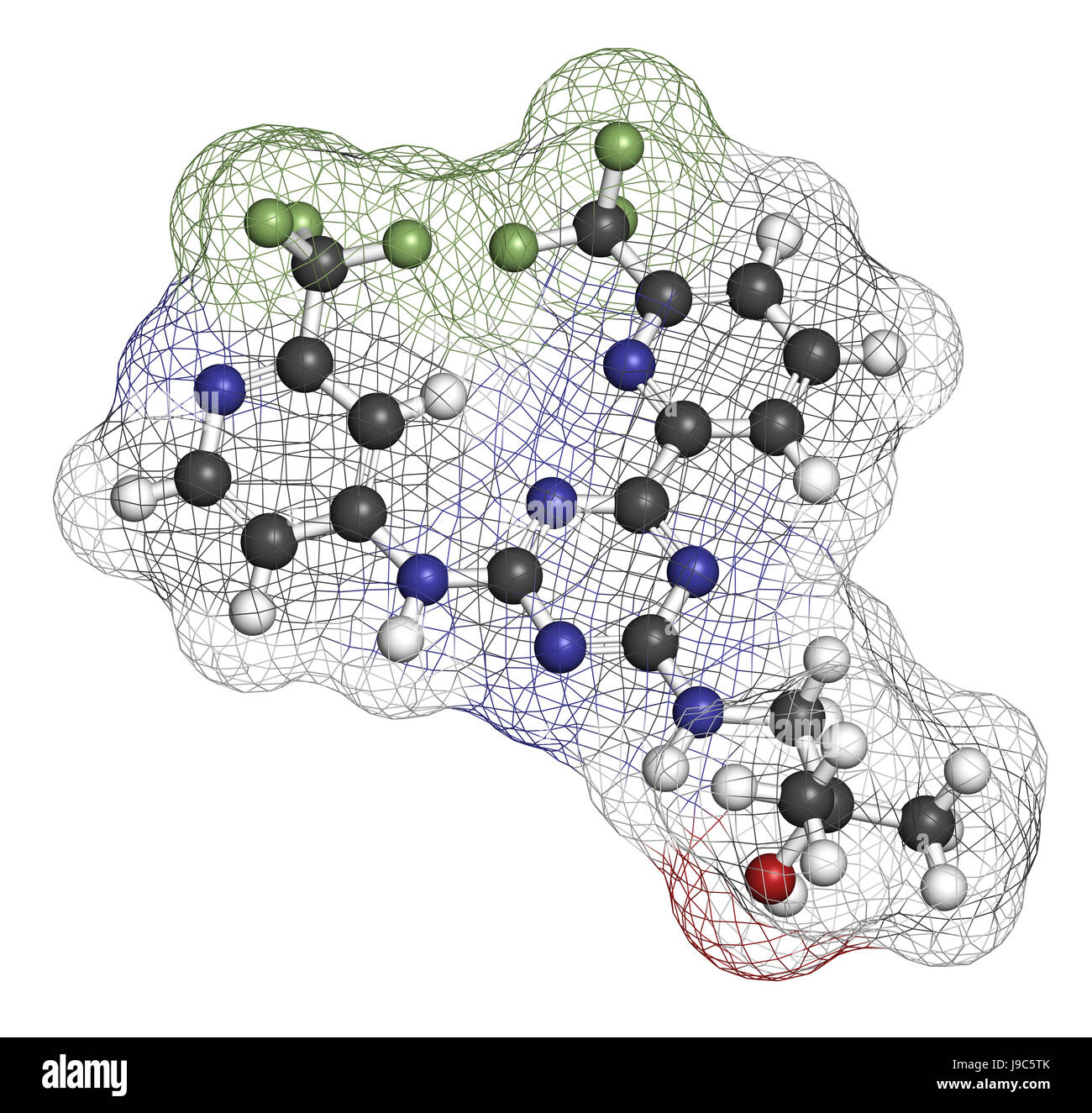 Enasidenib cancer drug molecule (IDH2 inhibitor). 3D rendering. Atoms ...