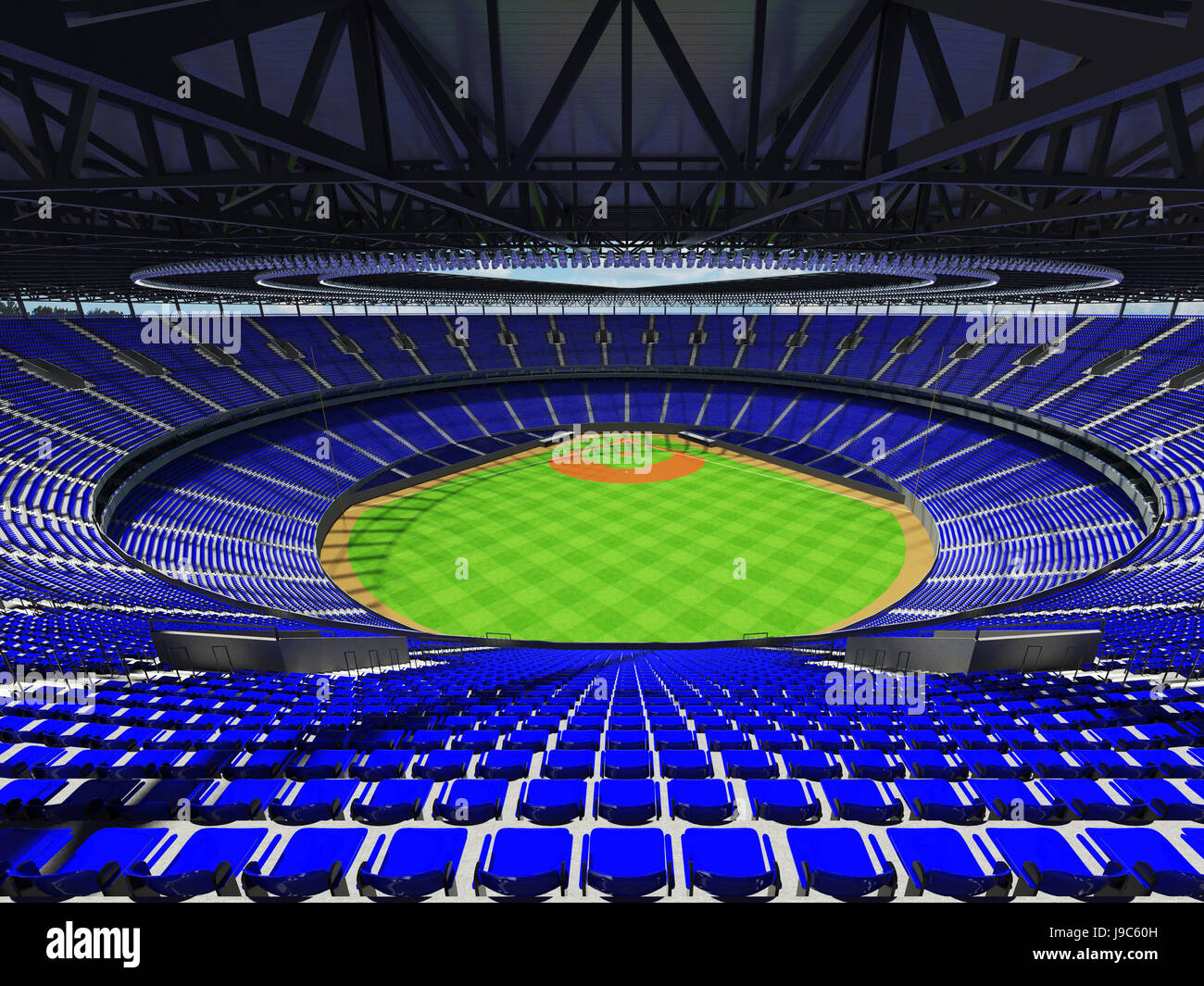 3D render of baseball stadium with blue seats, VIP boxes and ...