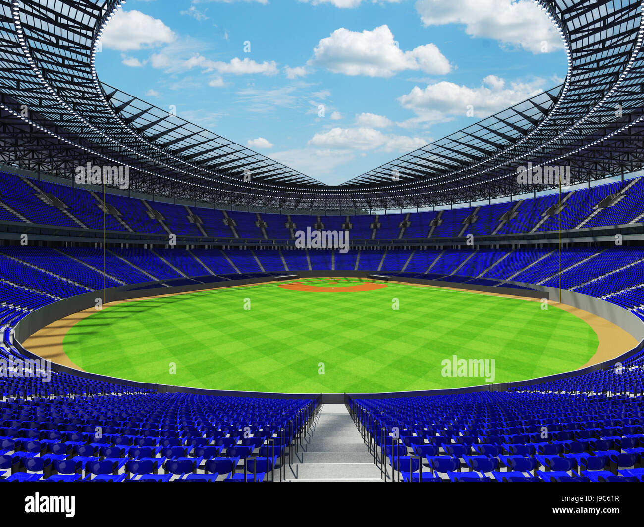 3D render of baseball stadium with blue seats, VIP boxes and ...