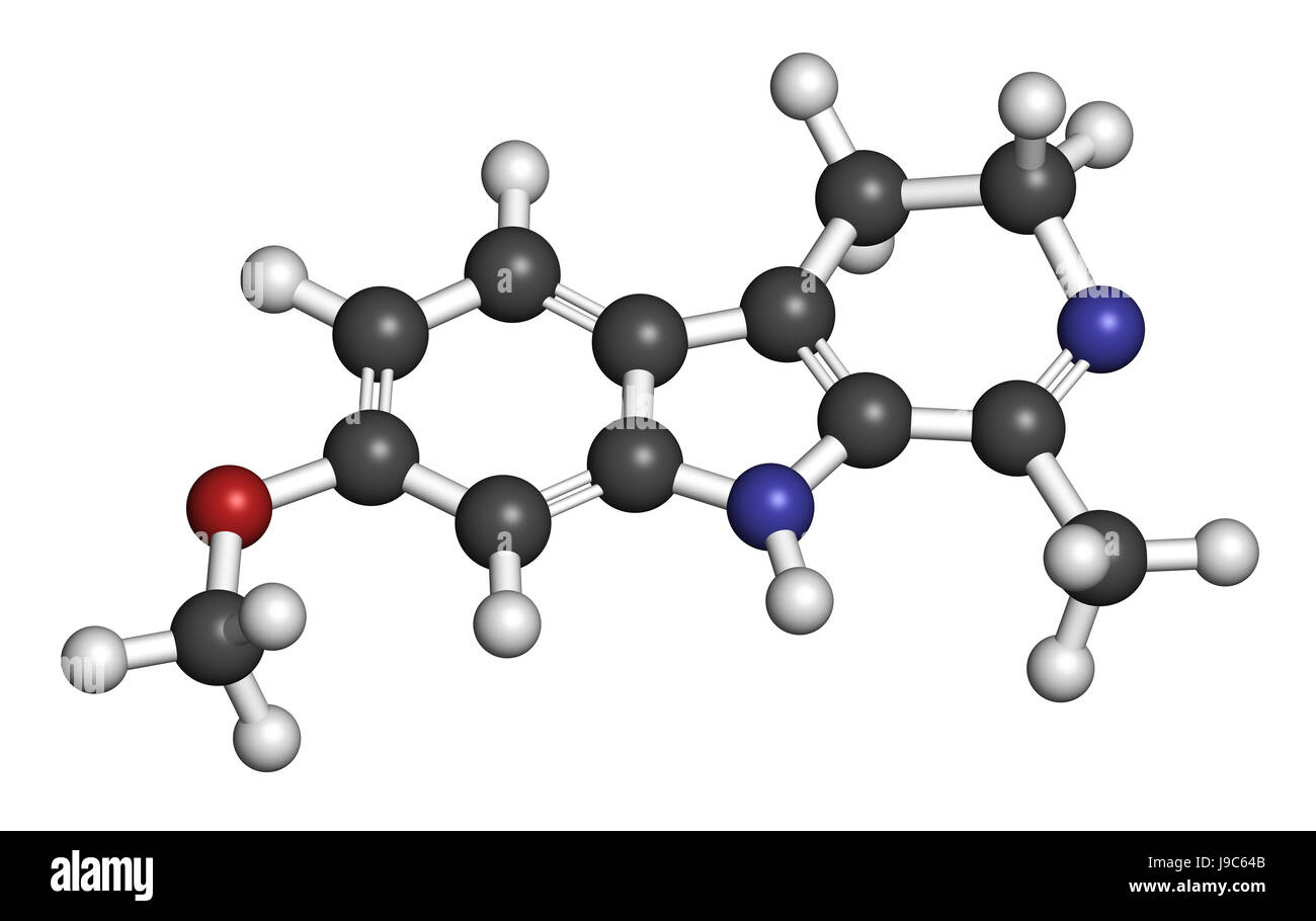 Harmaline indole alkaloid molecule. Found in Syrian rue (Peganum ...