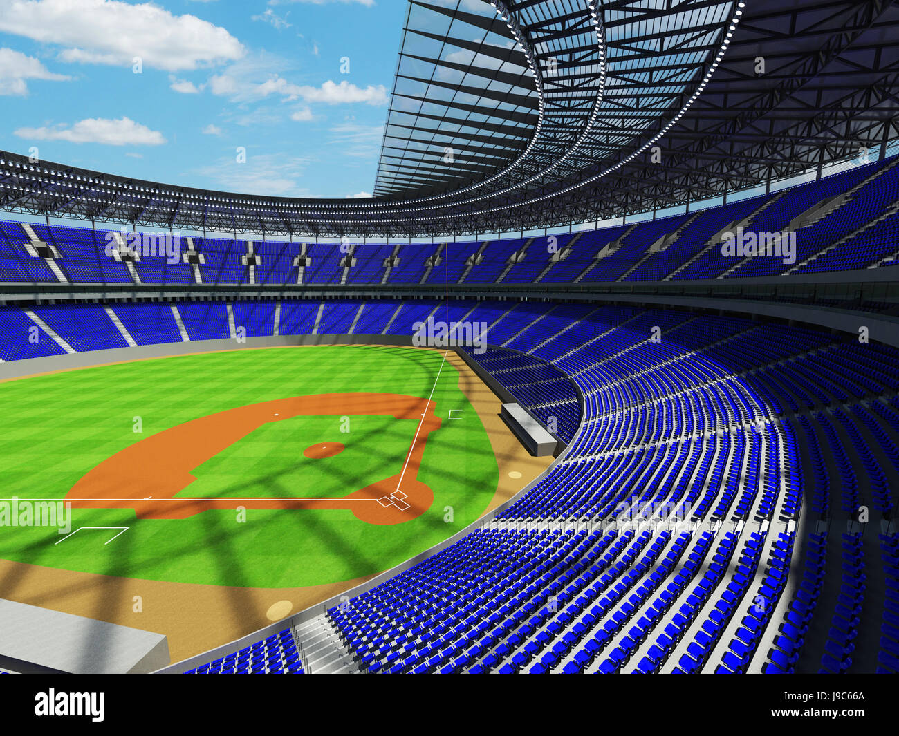 3D render of baseball stadium with blue seats, VIP boxes and ...