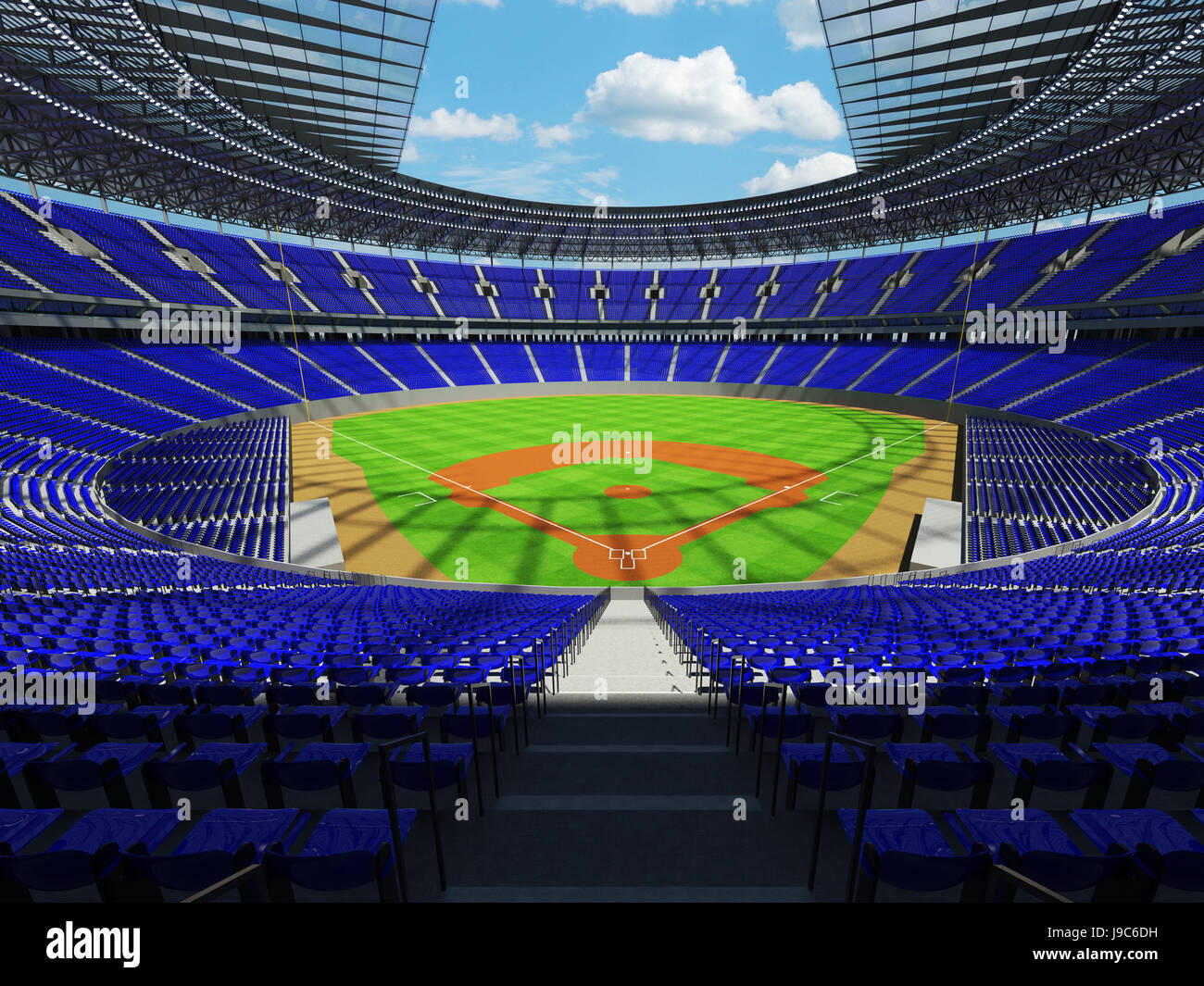 3D render of baseball stadium with blue seats, VIP boxes and ...