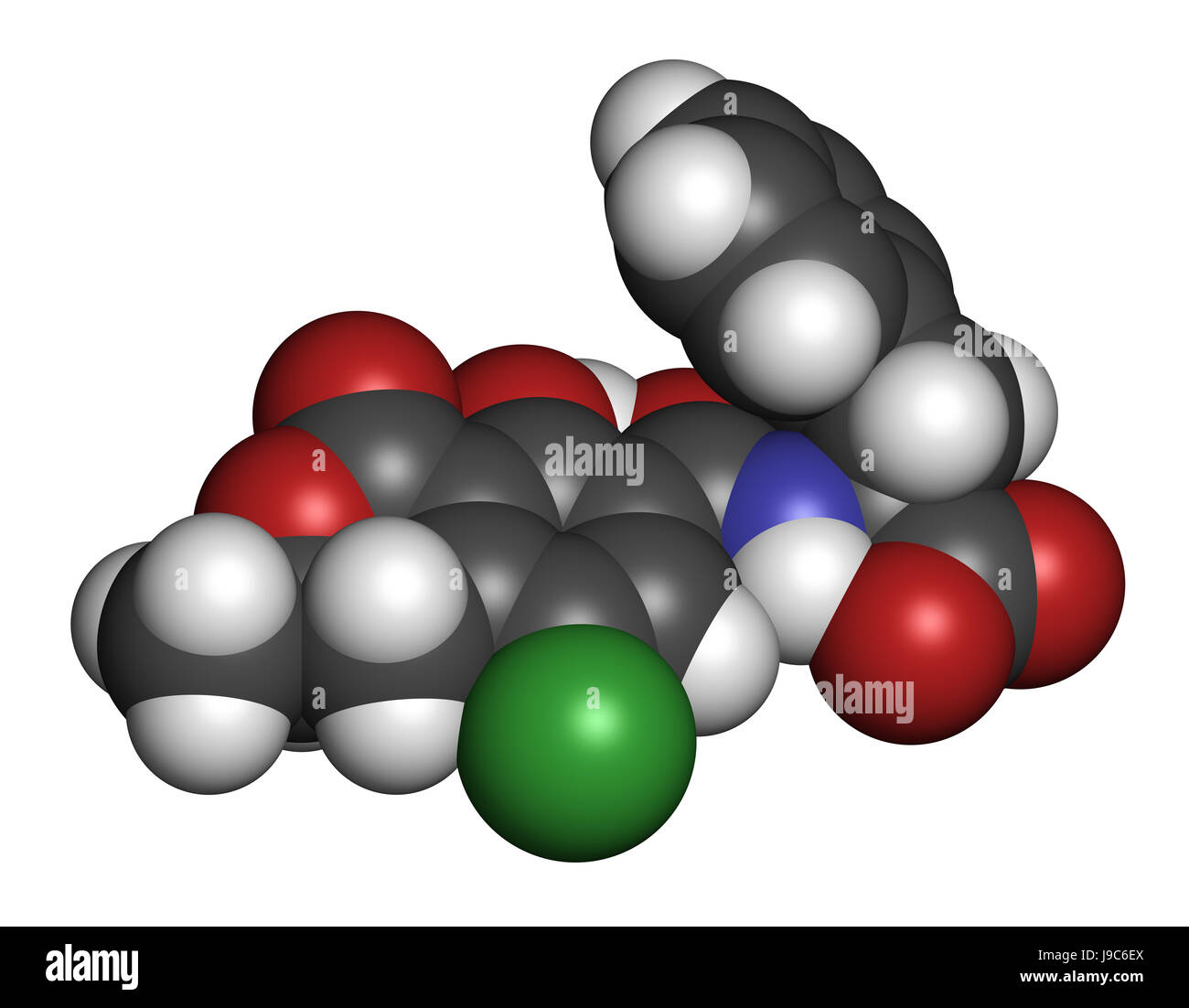 Ochratoxin A mycotoxin molecule. 3D rendering. Atoms are represented as ...