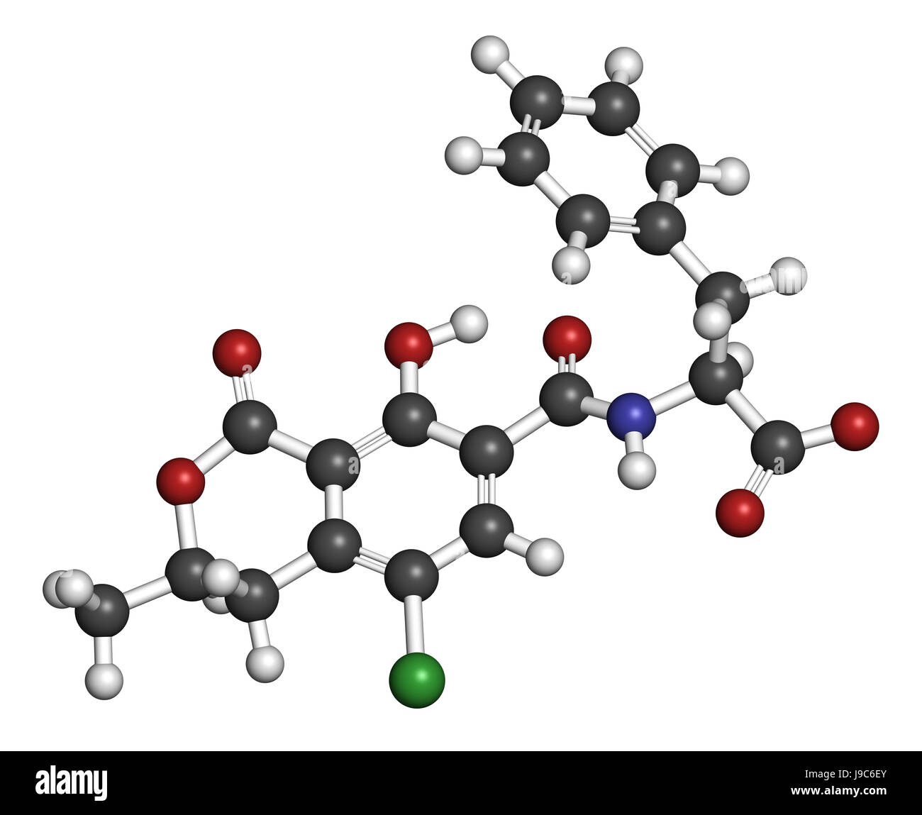Ochratoxin A mycotoxin molecule. 3D rendering. Atoms are represented as ...