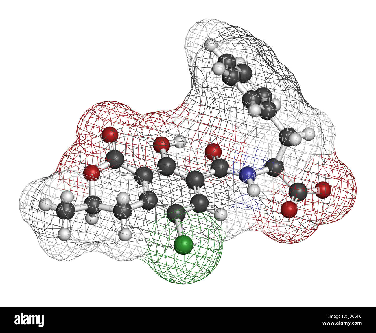 Ochratoxin A mycotoxin molecule. 3D rendering. Atoms are represented as ...