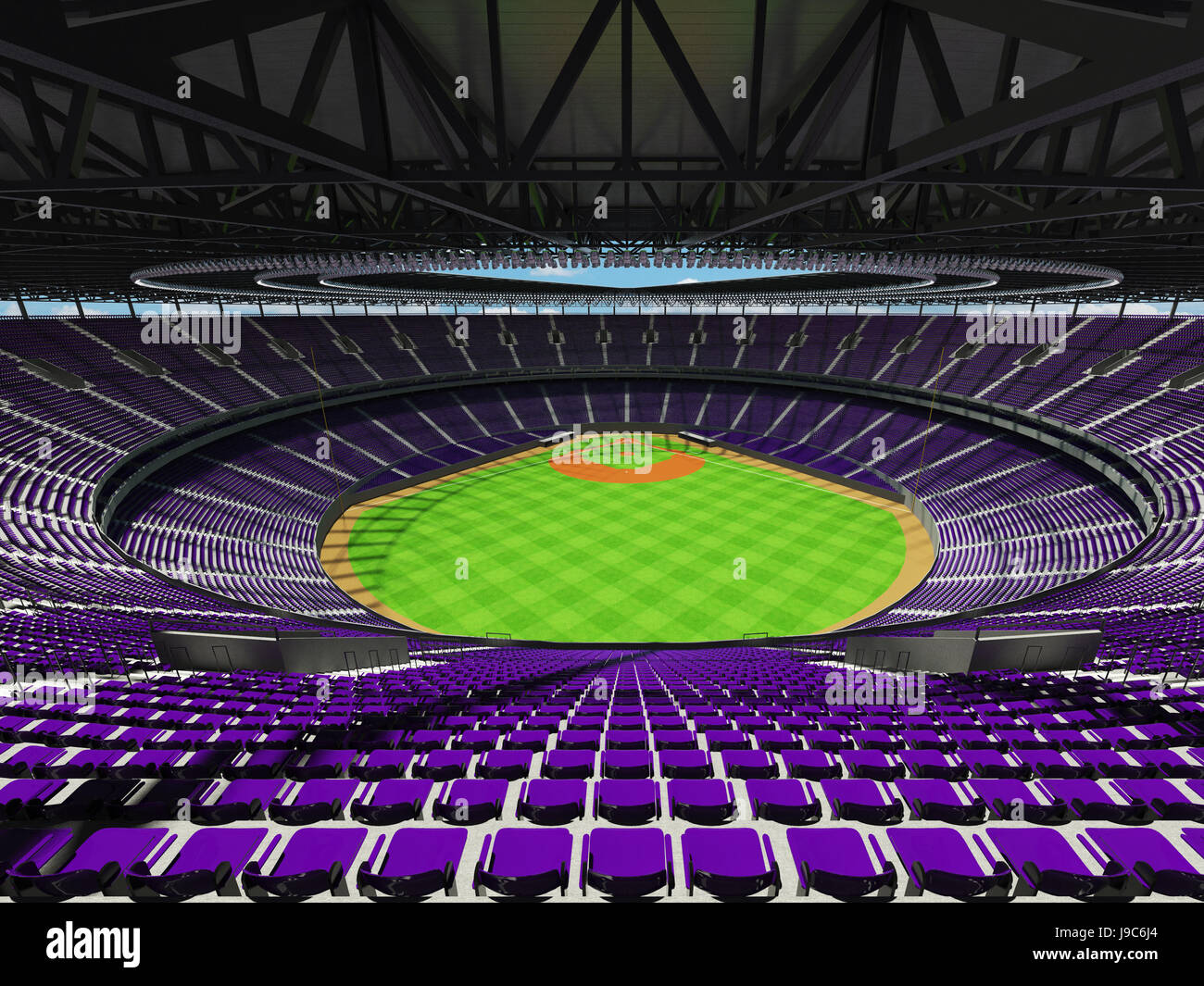 3D render of baseball stadium with purple seats, VIP boxes and ...