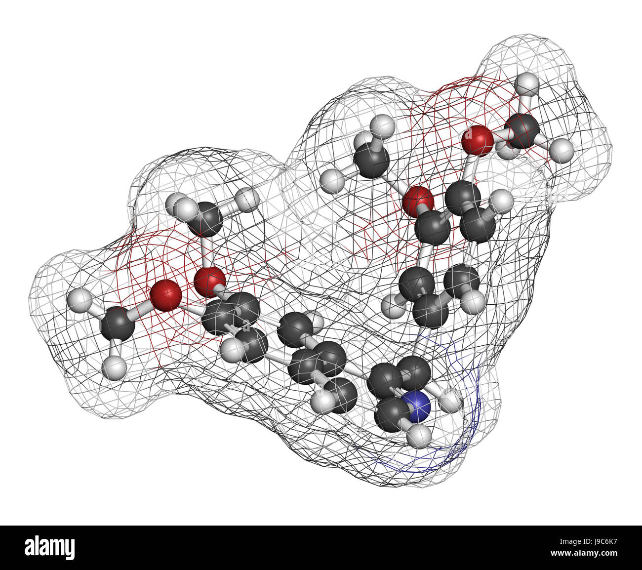 Papaverine opium alkaloid molecule. Used as antispasmodic drug. 3D ...