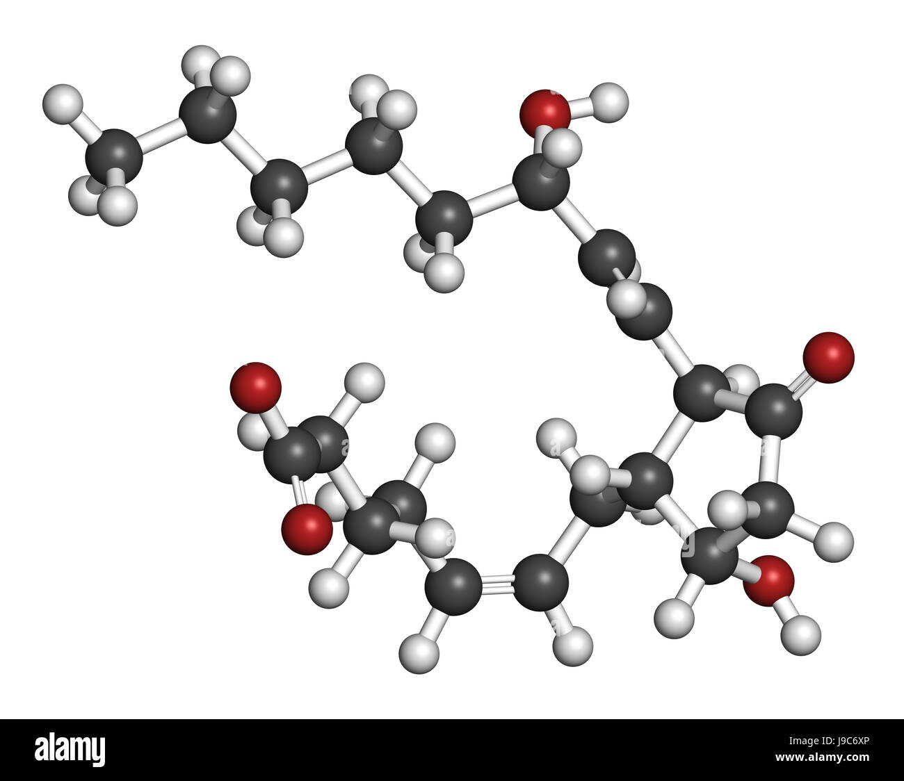 Prostaglandin D2 (PGD2) molecule. 3D rendering. Atoms are represented ...