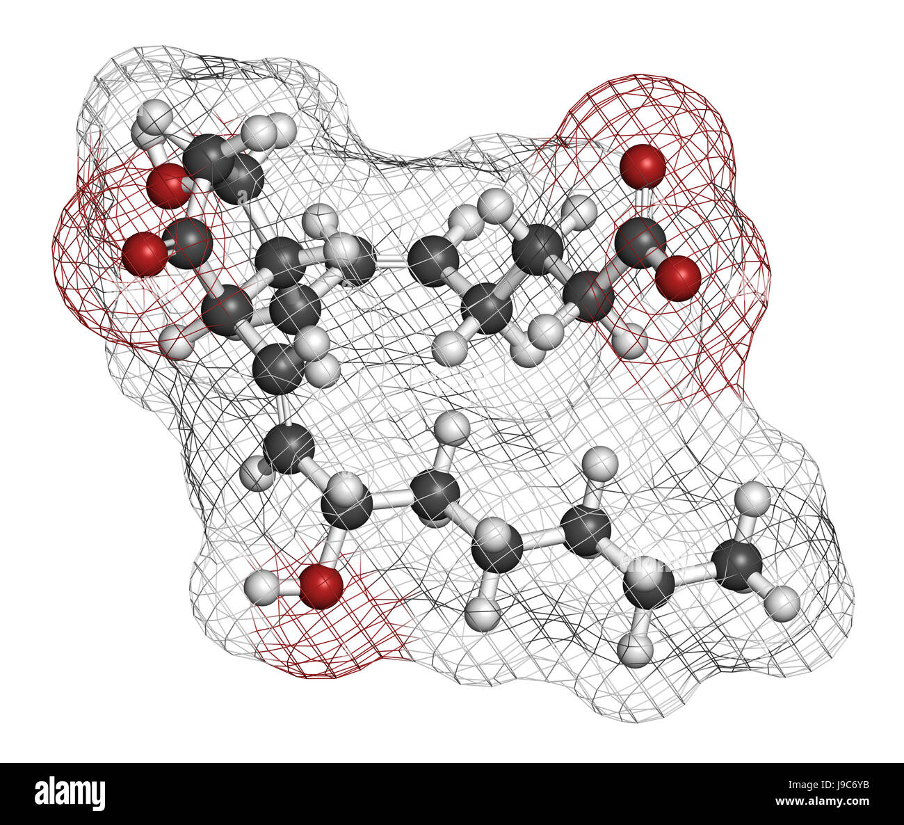 Prostaglandin D2 (PGD2) molecule. 3D rendering. Atoms are represented ...