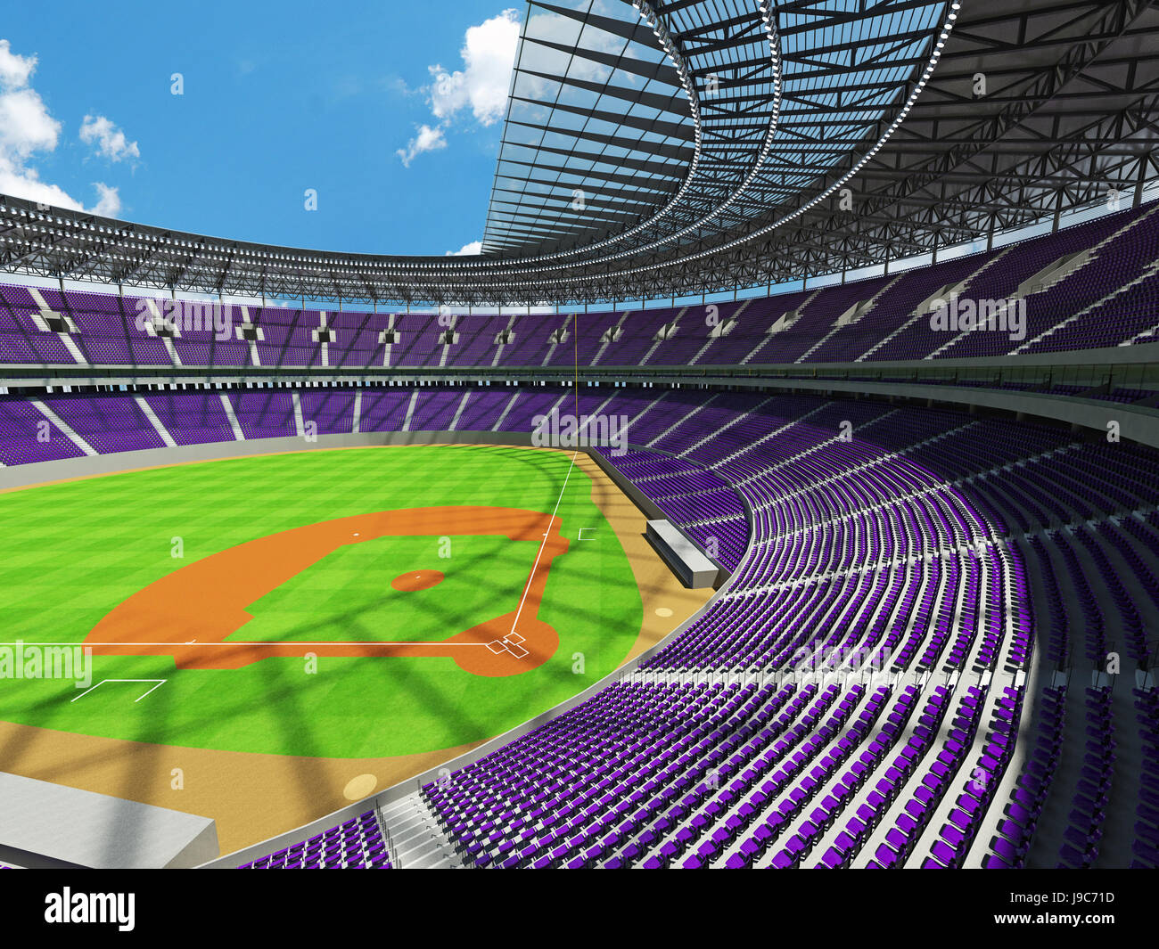 3D render of baseball stadium with purple seats, VIP boxes and ...