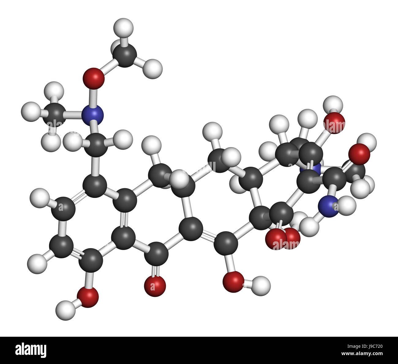 Sarecycline antibiotic drug molecule (tetracycline class). 3D rendering ...