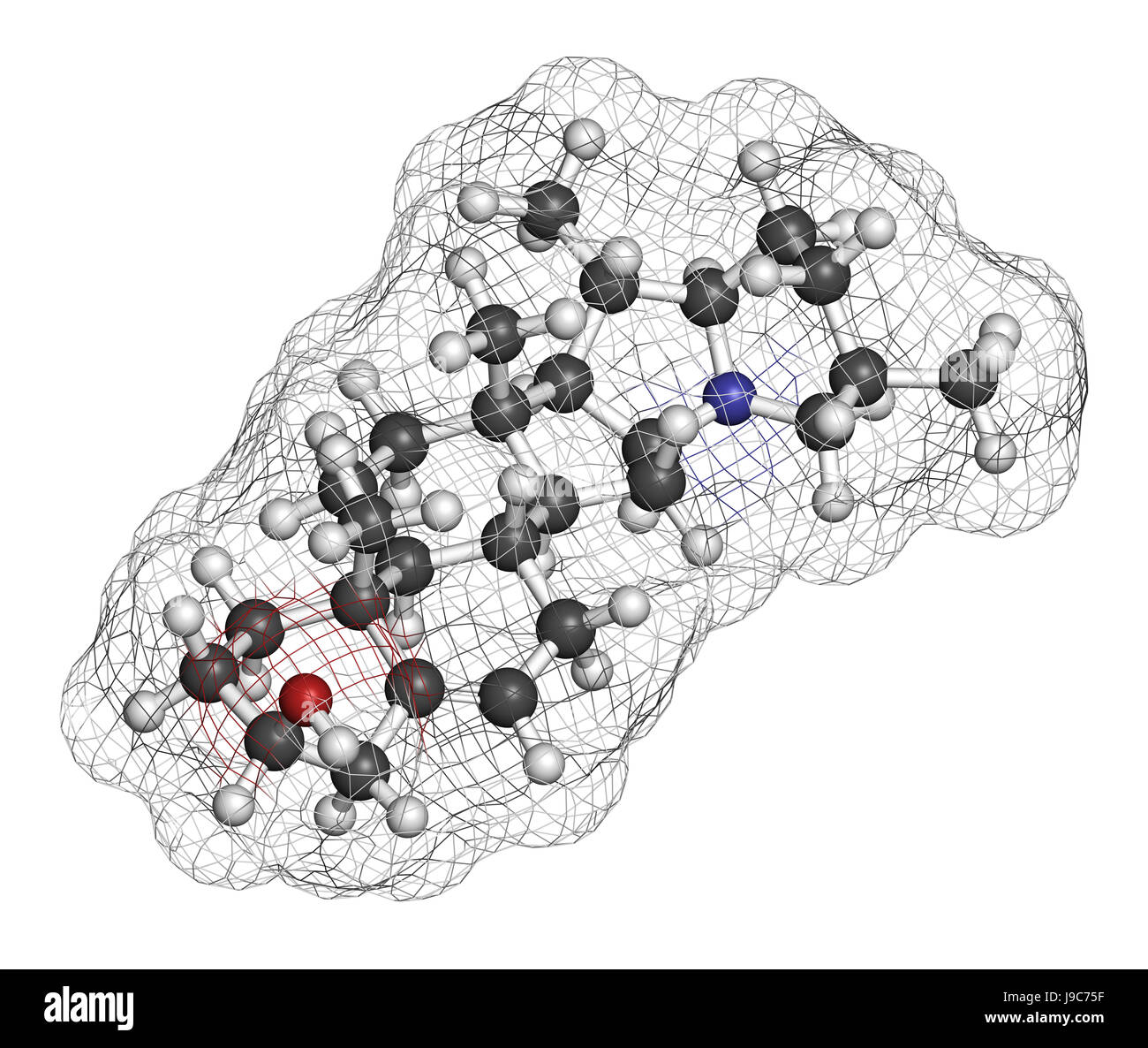 Solanidine potato toxin molecule. 3D rendering. Atoms are represented ...