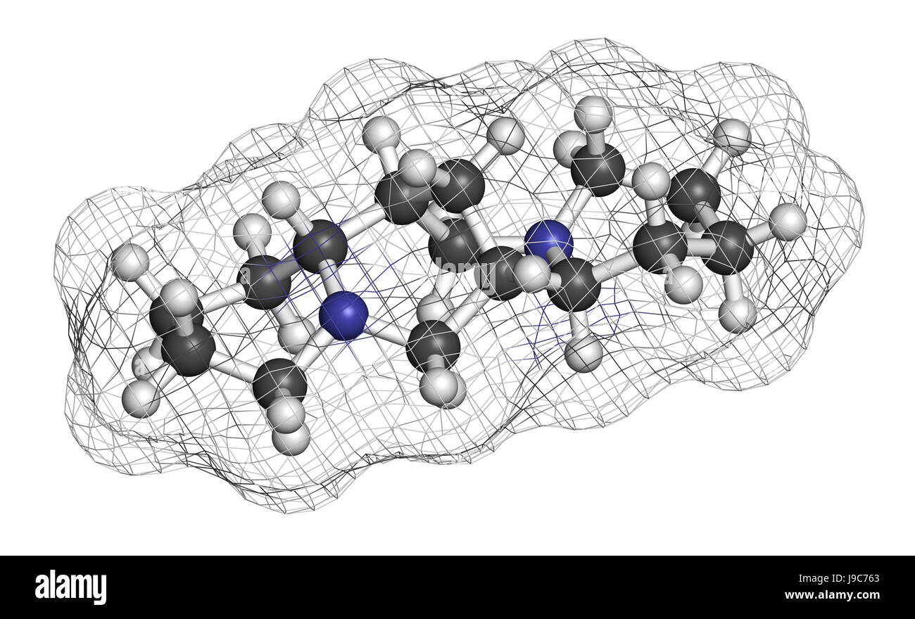 Sparteine scotch broom alkaloid molecule. 3D rendering. Atoms are ...
