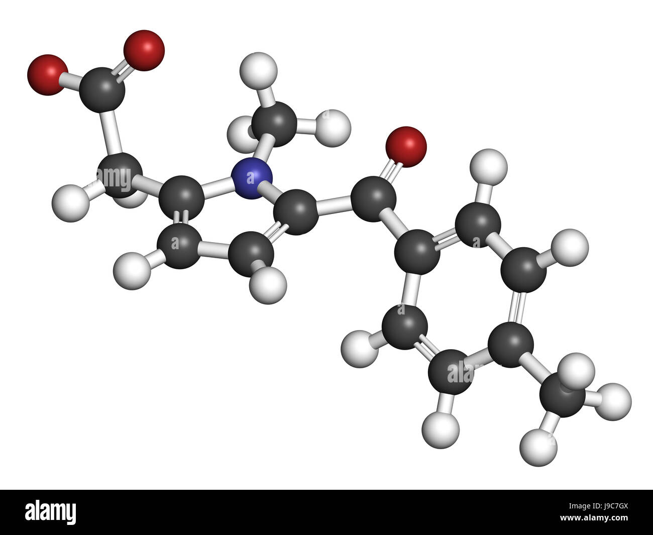 Tolmetin NSAID drug molecule. 3D rendering. Atoms are represented as ...