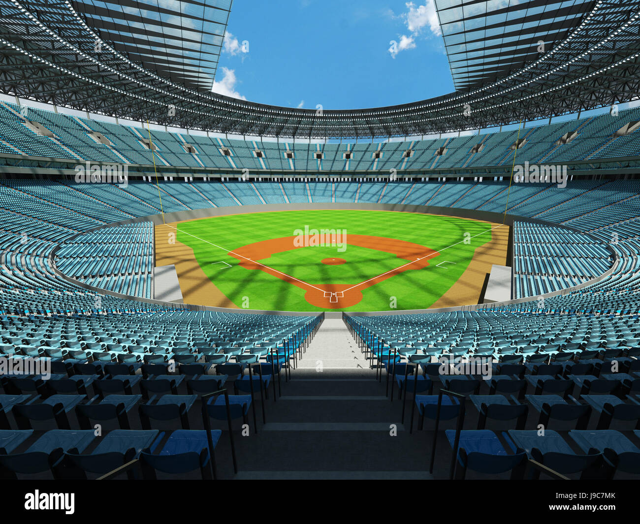 3D render of baseball stadium with sky blue seats, VIP boxes and ...