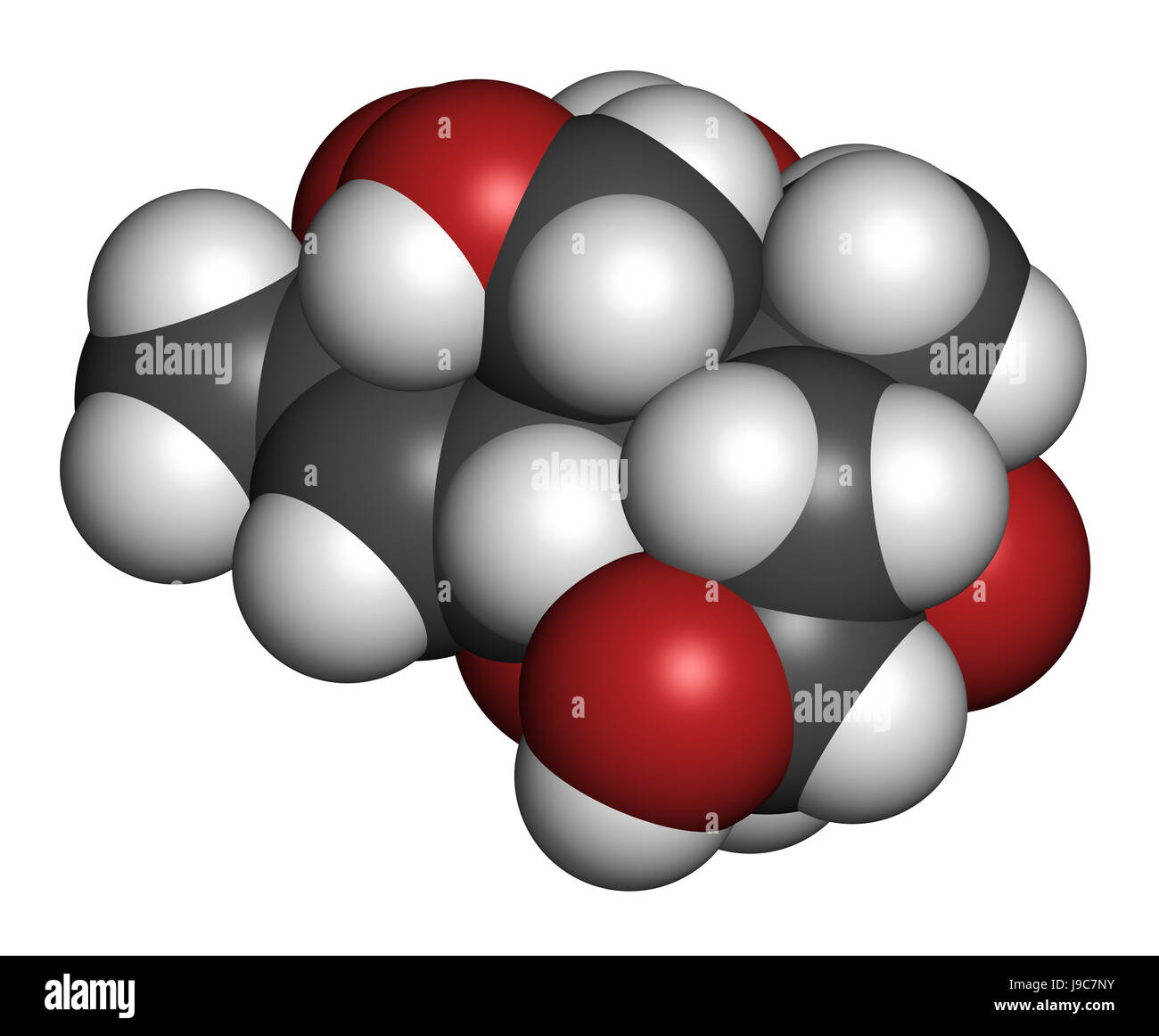 Vomitoxin (deoxynivalenol, DON) mycotoxin molecule. 3D rendering. Atoms ...