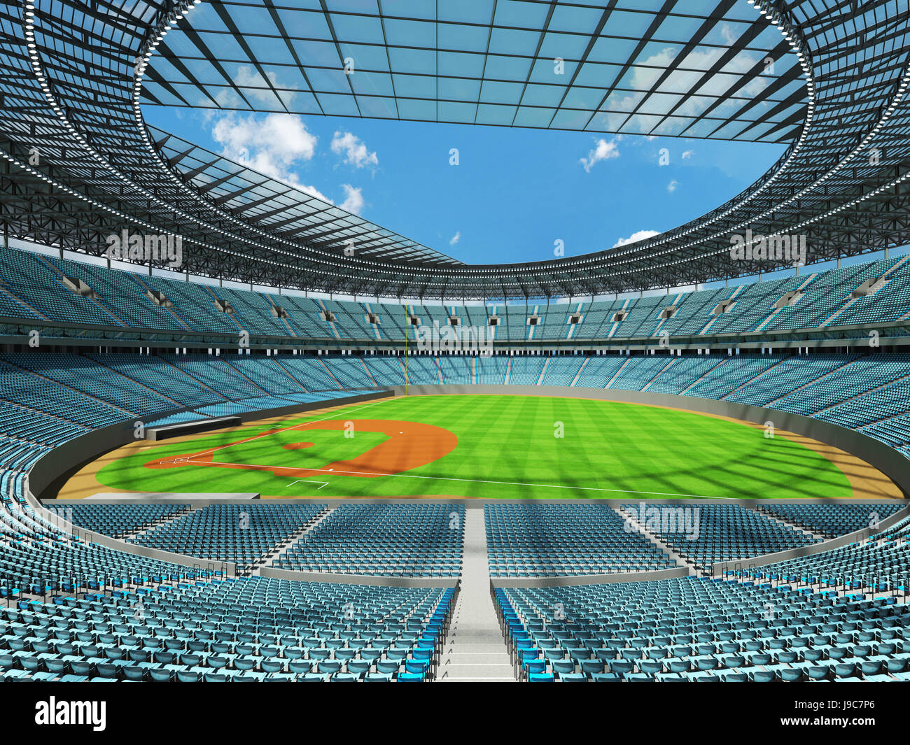 3D render of baseball stadium with sky blue seats, VIP boxes and ...