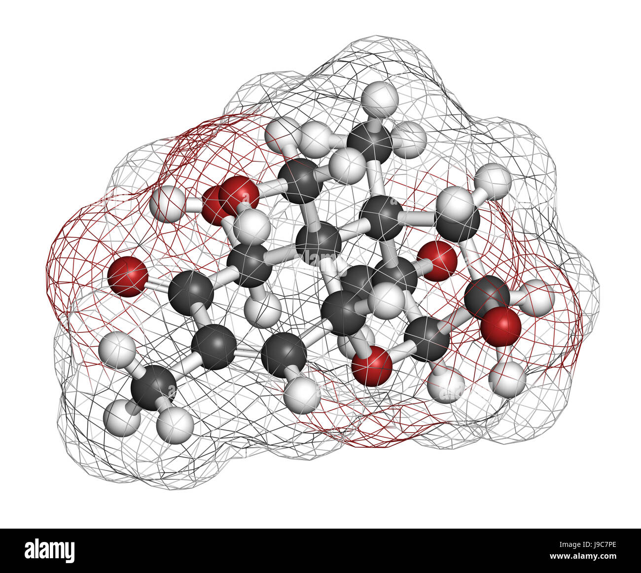 Vomitoxin (deoxynivalenol, DON) mycotoxin molecule. 3D rendering. Atoms ...