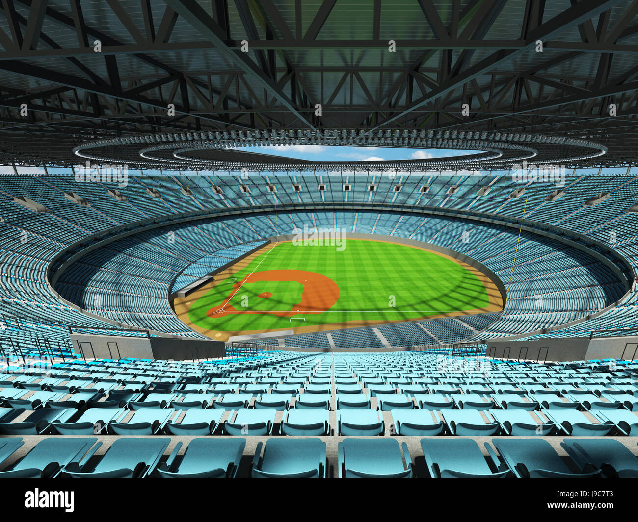 3D render of baseball stadium with sky blue seats, VIP boxes and ...