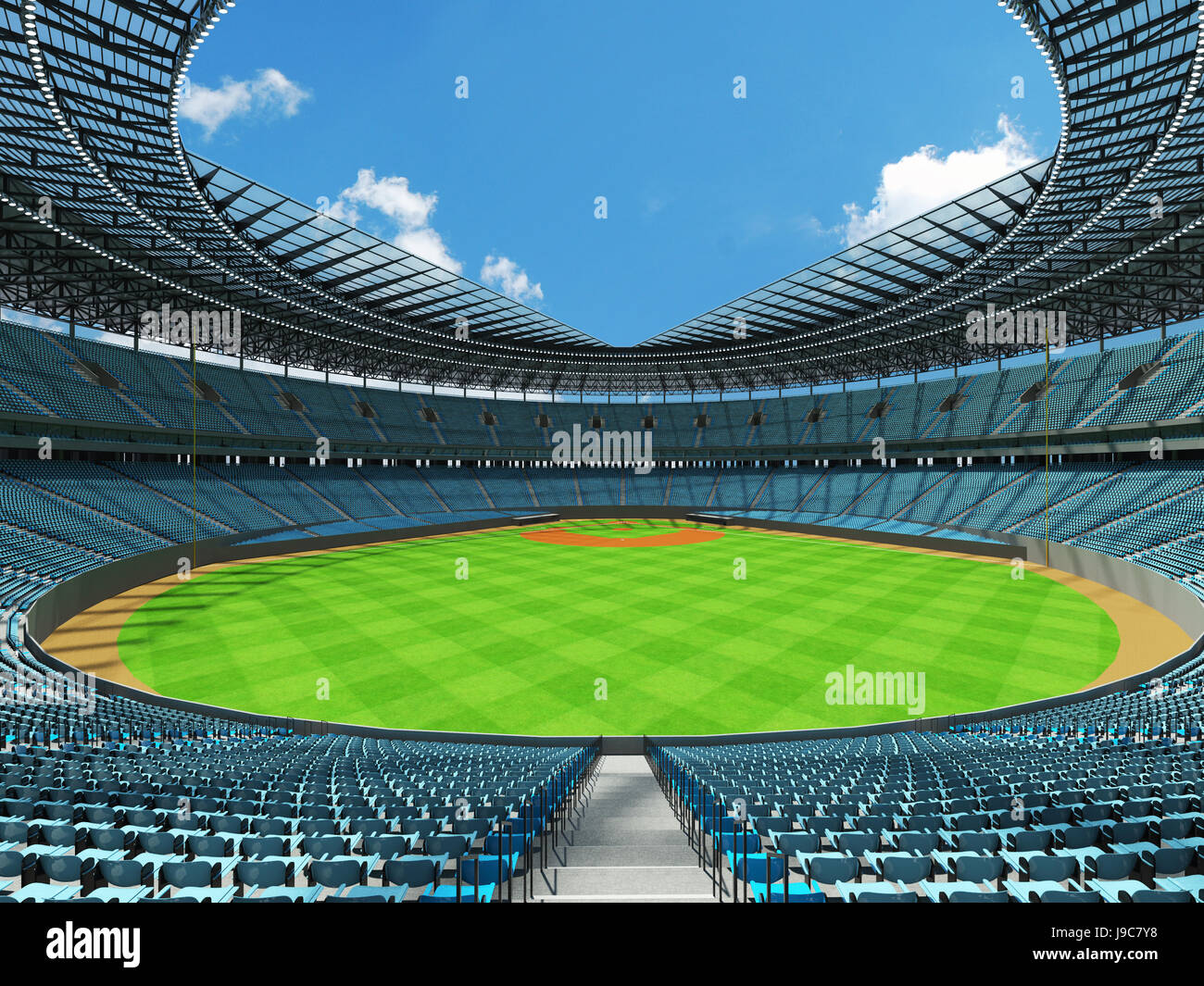3D render of baseball stadium with sky blue seats, VIP boxes and ...