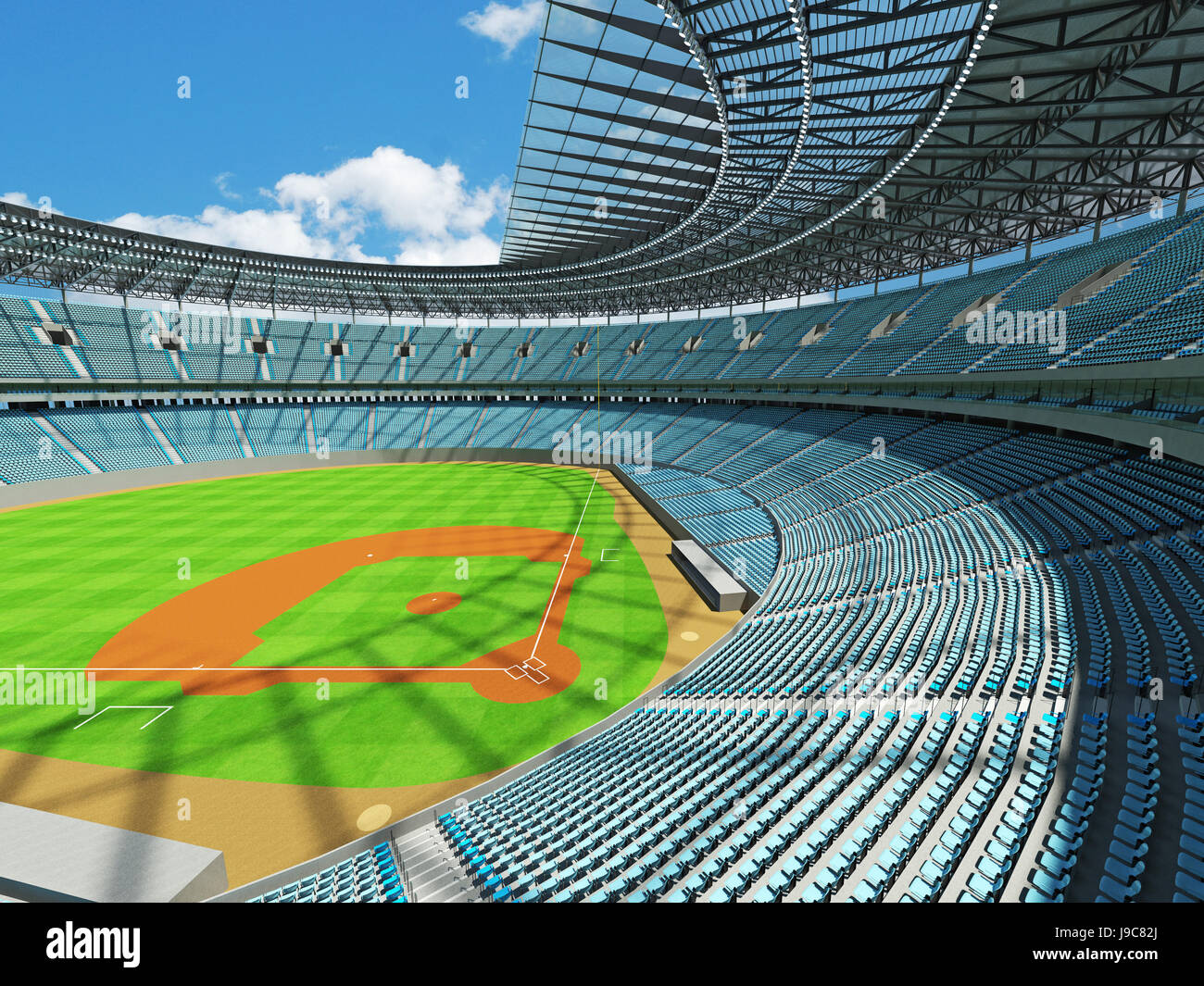 3D render of baseball stadium with sky blue seats, VIP boxes and ...