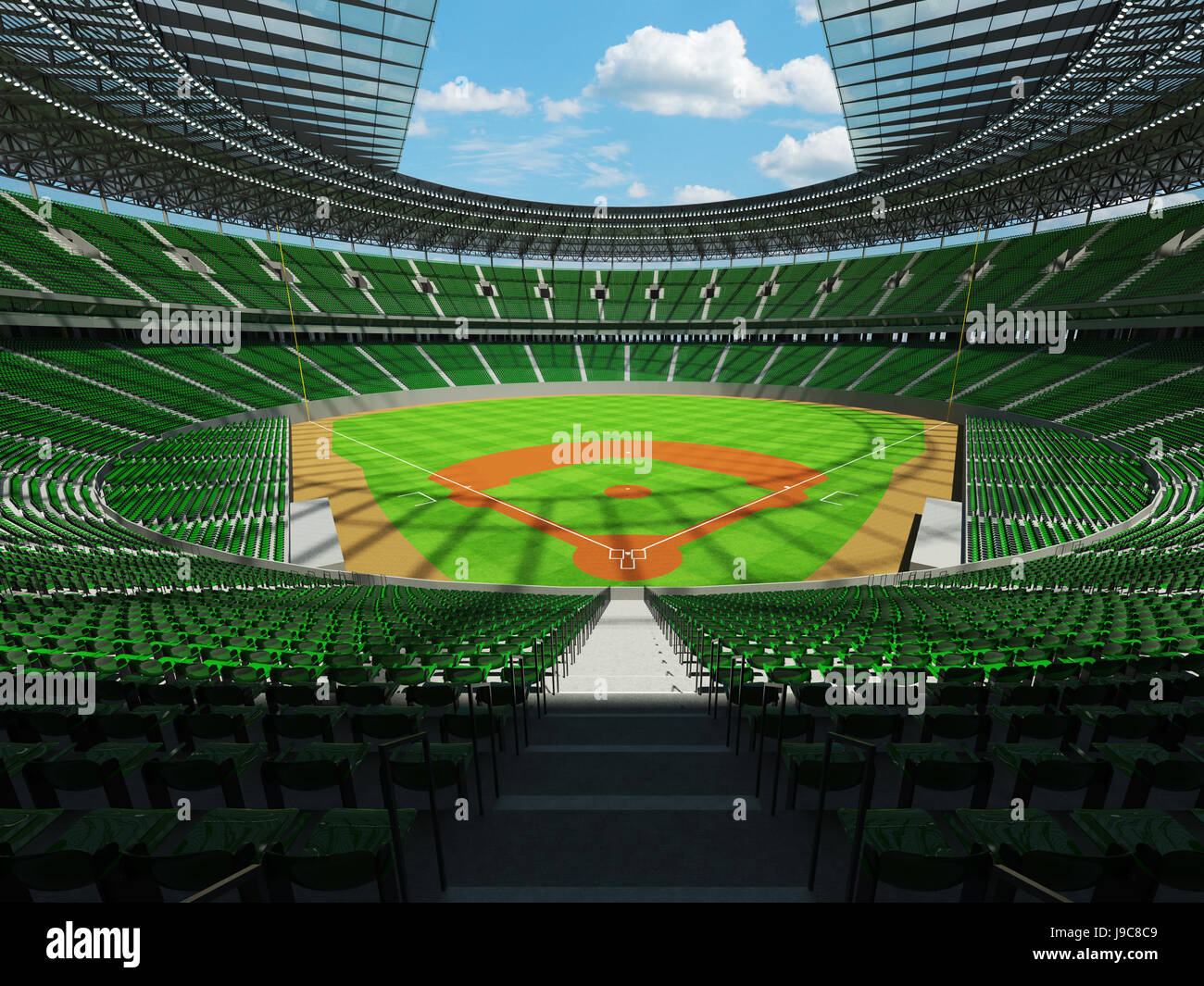 3D render of baseball stadium with green seats, VIP boxes and ...
